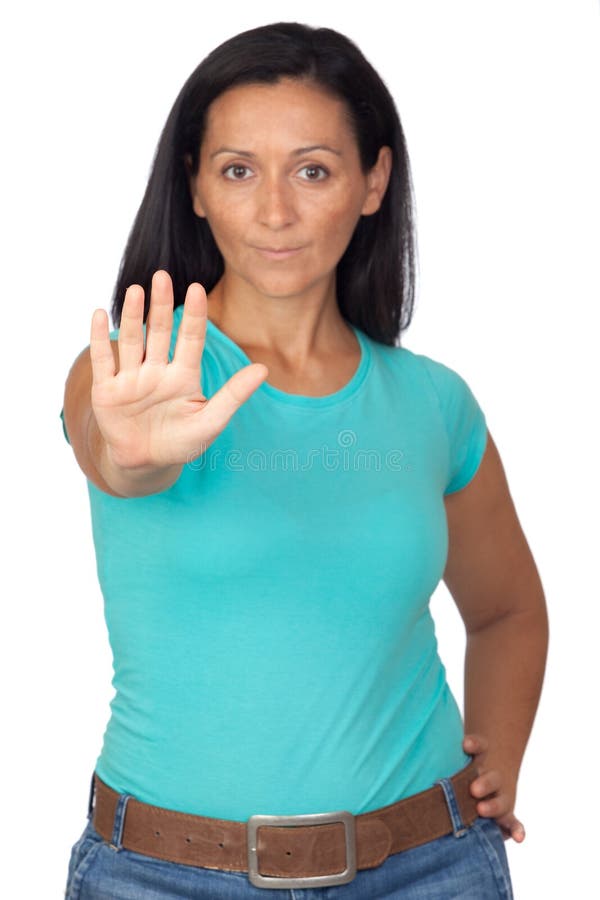 Adorable woman saying stop stock image. Image of hand - 21534627