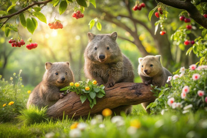 Adorable Wombat Trio Posing on a Fallen Log in a Vibrant Spring Garden ...
