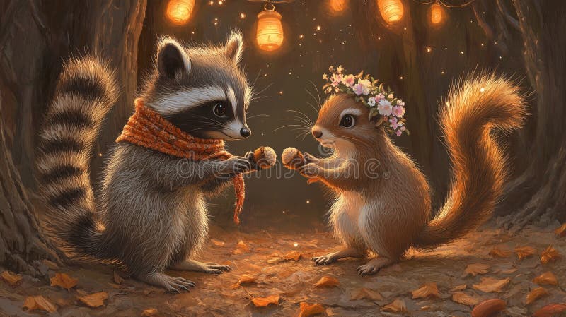 Adorable Woodland Creatures: Raccoon and Squirrel Stock Image - Image ...