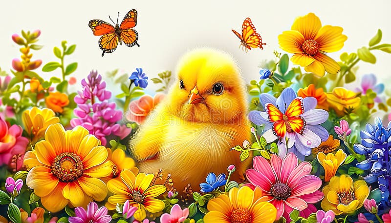 Adorable Yellow Chick among Decorated Easter Eggs and Spring Flowers ...