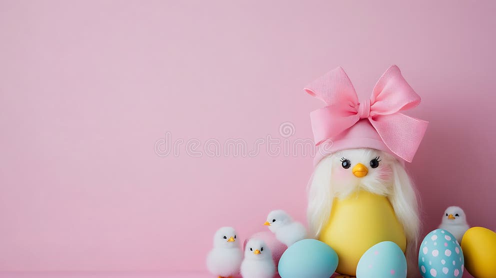 Adorable Yellow Chick with Pink Bow and Pastel Easter Eggs on Pink ...