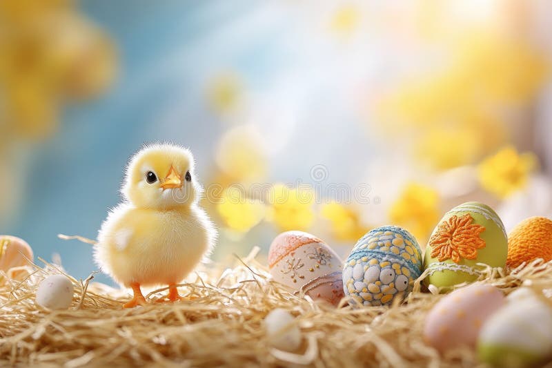 Adorable Yellow Chick on Straw with Colorful Easter Eggs for Spring ...