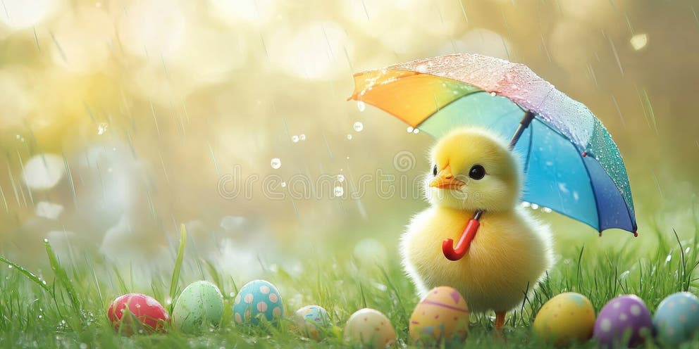 Adorable Yellow Chick Under Rainbow Umbrella with Easter Eggs in Spring ...