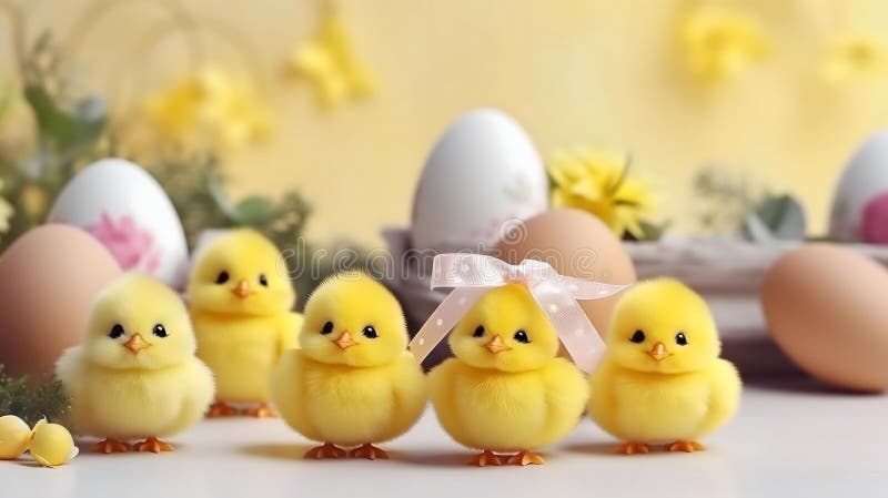 Adorable Yellow Chicks Celebrating Easter with Pastel Eggs Stock ...