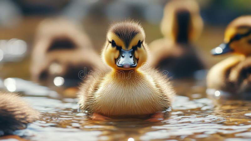 Adorable Yellow Duckling Swimming in Water Stock Illustration ...