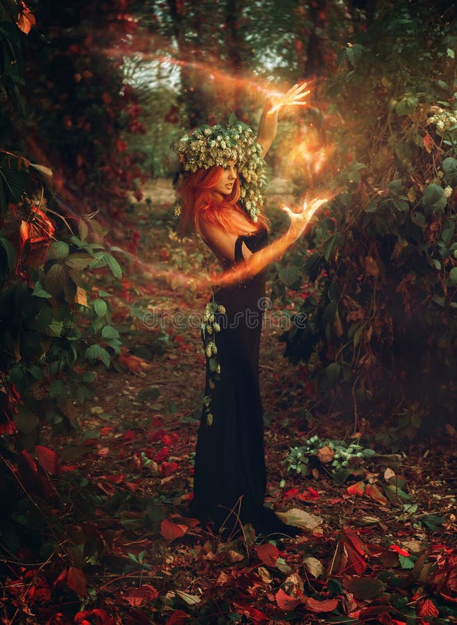 Adorable Young Redhair Lady Wizard Conjures in the Forest Stock Image ...