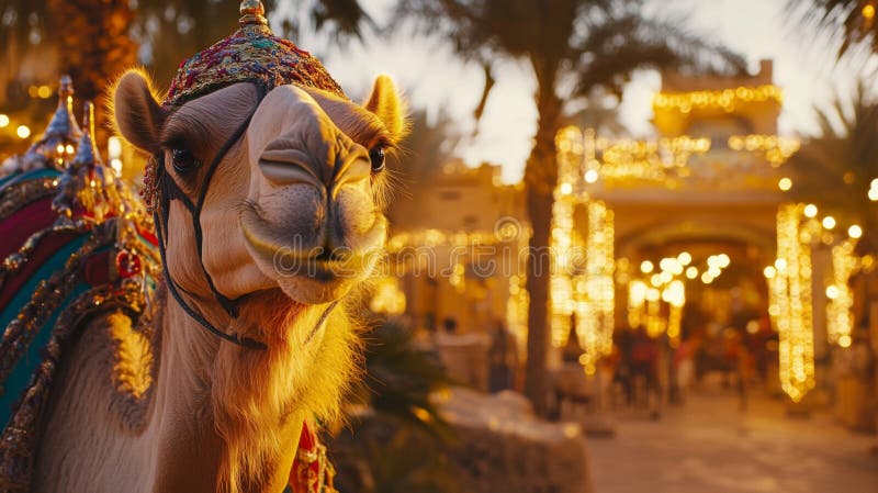 Adorned Camel Poses Against Festive Lights Background Stock ...