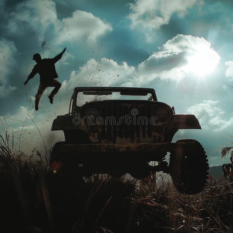 Adrenaline-pumping Leap Onto a Vintage Jeep in the Dark Stock ...