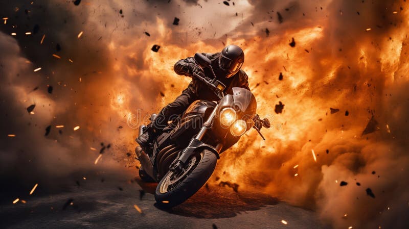 Adrenaline Rush: Motorcycle Escape Amid Explosions. Generative Ai Stock ...