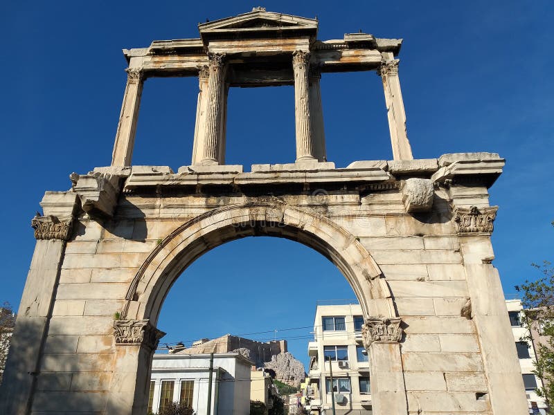 Adrianus Gate with Akropolos at the Background Stock Photo - Image of ...