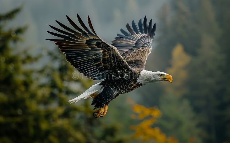 Adult Bald Eagle Flying Low and Hunting Over Dense Forest Stock Photo ...