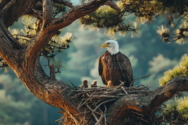 Adult Bald Eagle Guarding Young Eaglets in Nest Stock Photo - Image of ...