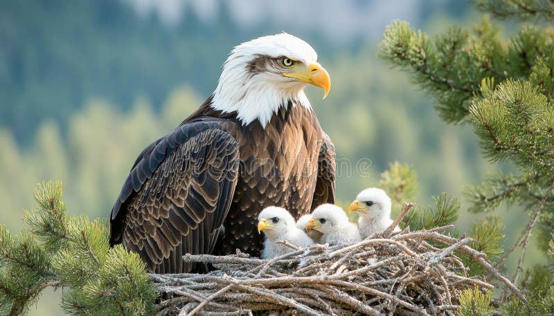 Adult Bald Eagle Guarding Young Eaglets in Nest Stock Image - Image of ...