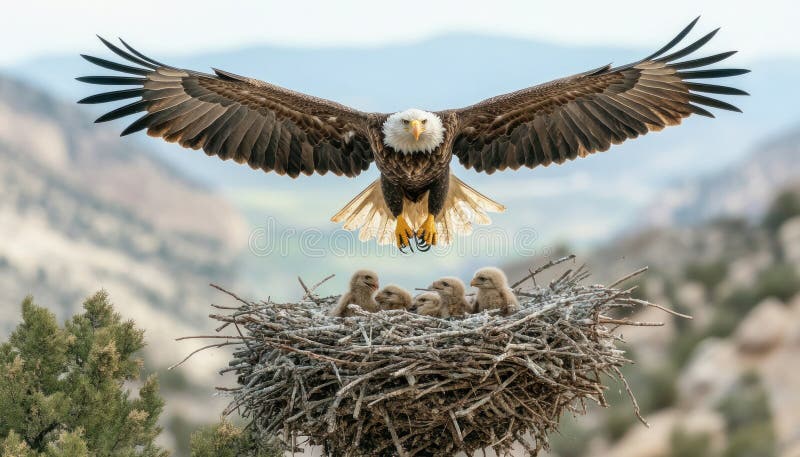 Adult Bald Eagle Landing on Nest with Spread Wings Stock Image - Image ...