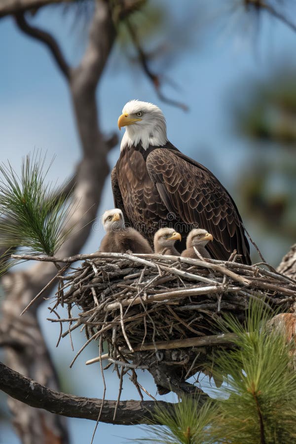 Adult Bald Eagle Standing Guard Over Young Eaglets in Nest Stock Image ...