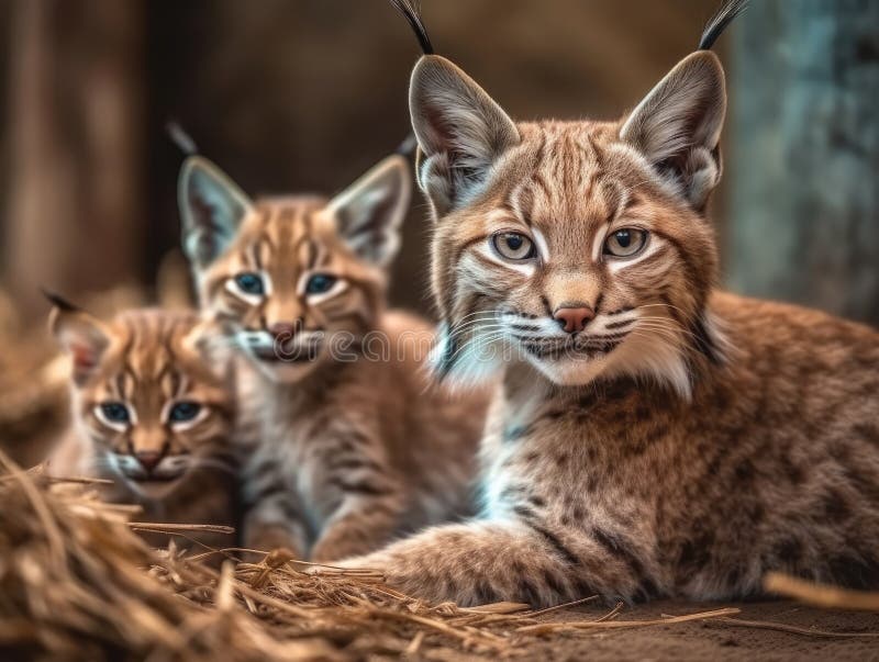 Adult Bobcat with Babies (generative AI Stock Illustration ...