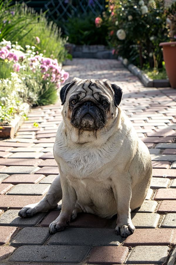 The Adult Dog a Pug Sits on a Path in a Garden Stock Image - Image of ...