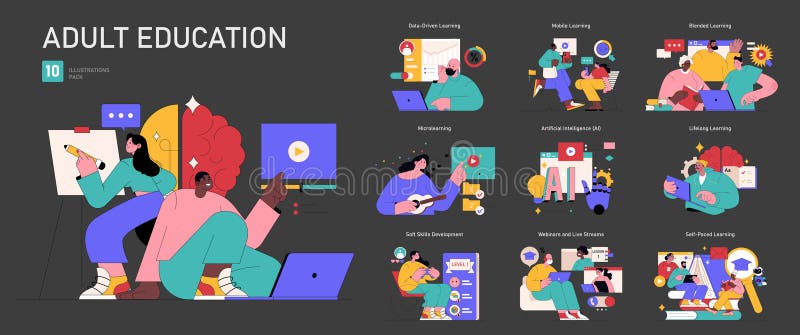 Adult Education. Flat Vector Illustration Stock Vector - Illustration ...