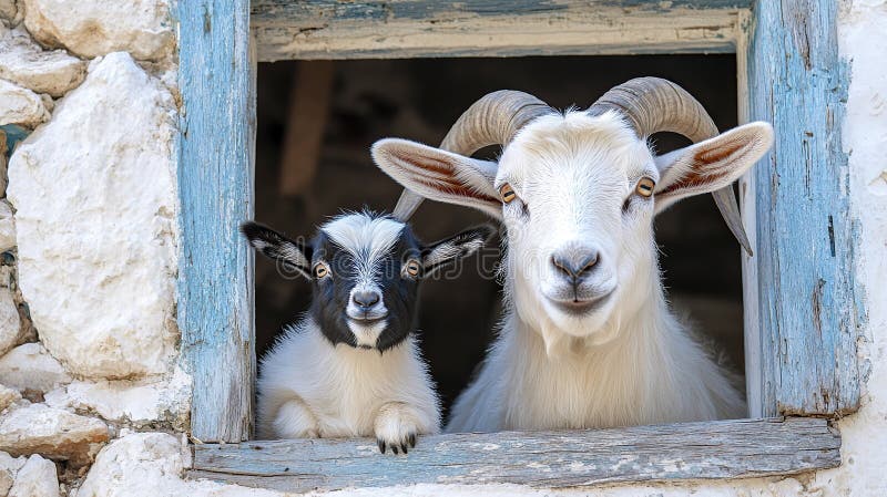 Adult Goat and Kid Peering from Rustic Window Stock Illustration ...