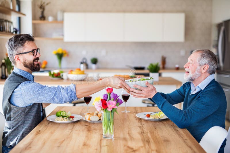 Adult Hipster Son And Senior Father Indoors At Home Having Lunch