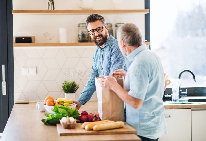 An Adult Hipster Son And Senior Father Indoors At Home Unpacking