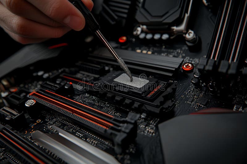 An Adult Male Hand Applies Thermal Paste To a Computer Motherboard S ...