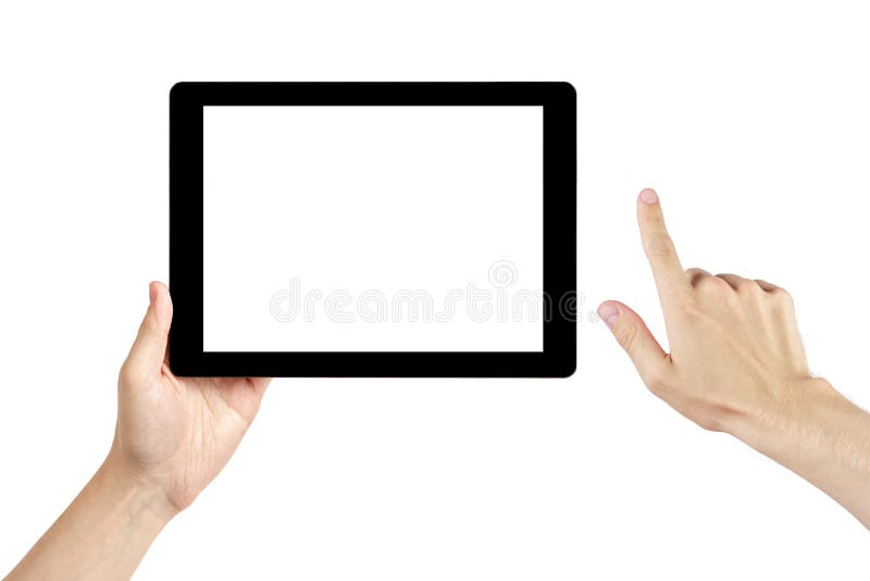 Adult Man Hands Using Generic Tablet Pc with White Screen Stock Image ...