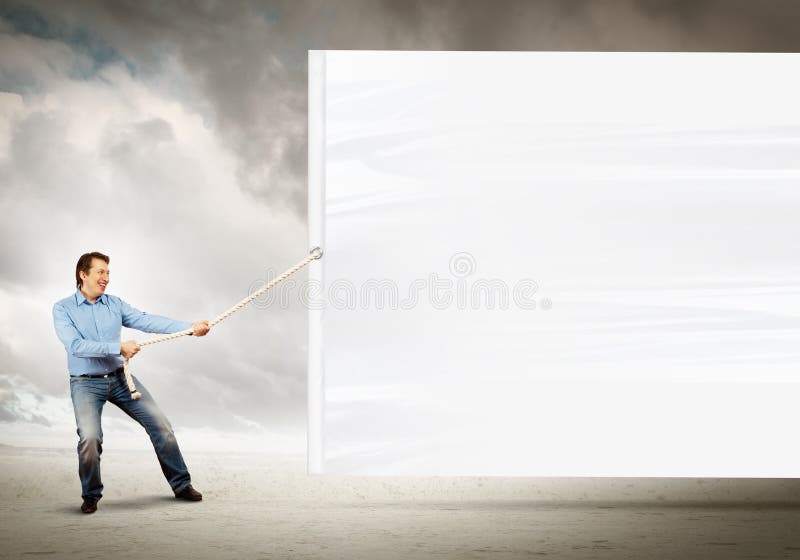 Adult Man Pulling Blank Banner Stock Image - Image of adult, copyspace ...