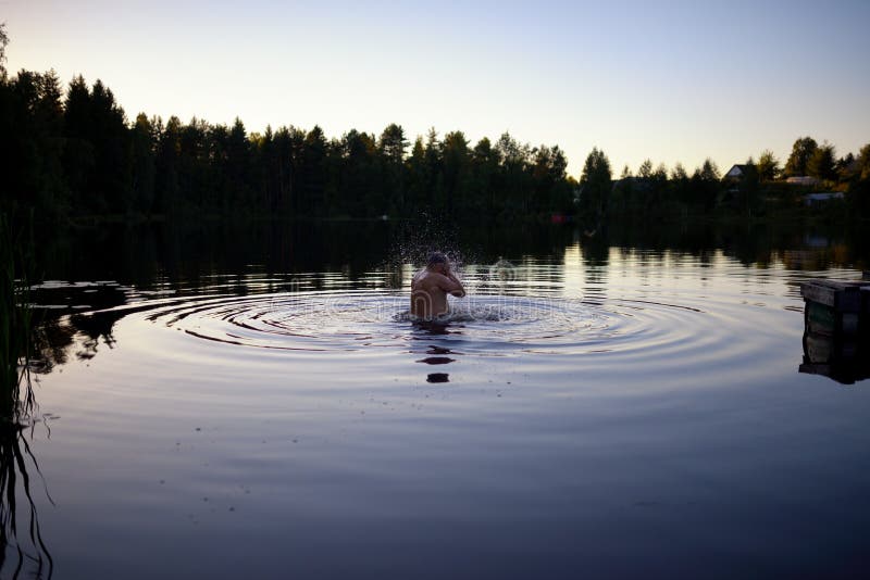Adult Man Splash Water in Forest Lake Stock Photo - Image of ideas ...