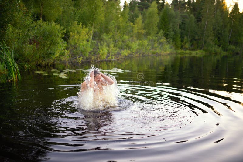 Adult Man Splash Water in Forest Lake Stock Photo - Image of lake ...