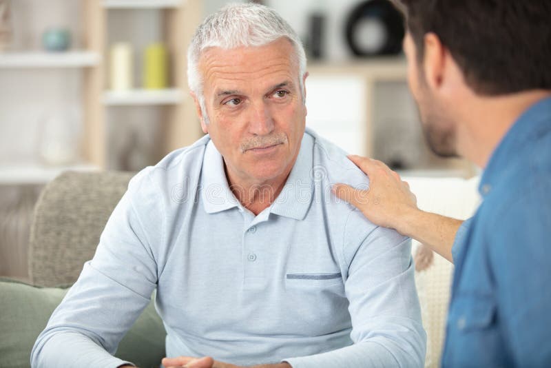 Adult Man Talking To Elderly Guy Stock Photo - Image of friendly ...