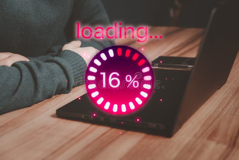 Adult Man Using a Laptop Computer for Download Software and Waiting To ...