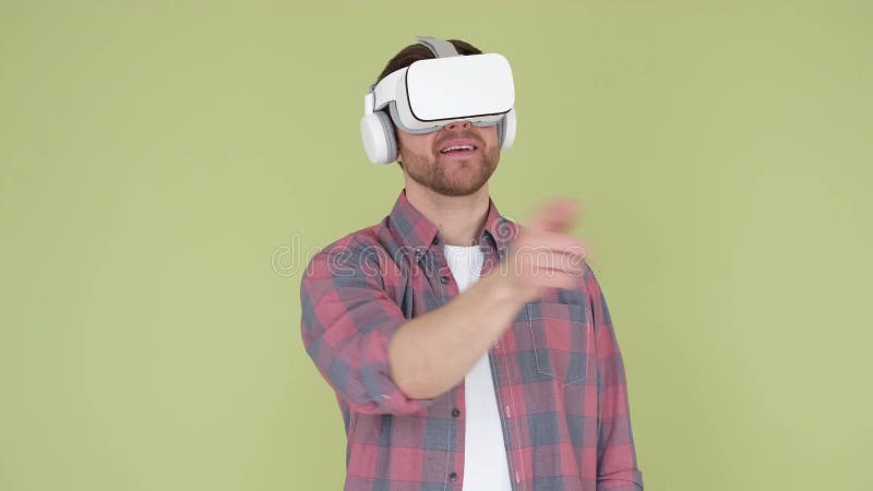 Adult Man in Vr Glasses on Camera Playing with 3D Visual Simulation ...