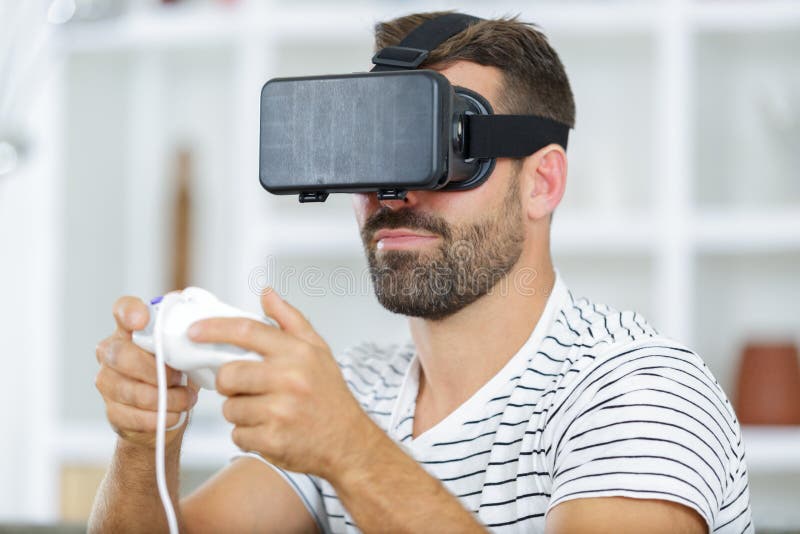Adult Man Wearing Vr Goggles Stock Image - Image of display, technology ...