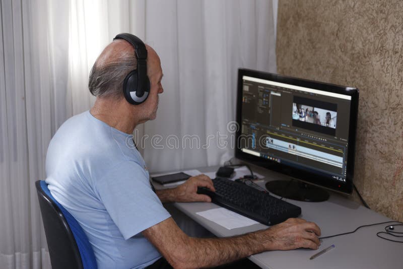 Adult Man Working on Computer at Home Office Stock Image - Image of ...