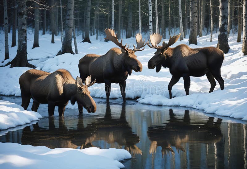 Adult Moose Standing in Snowy Forest Stream Stock Illustration ...