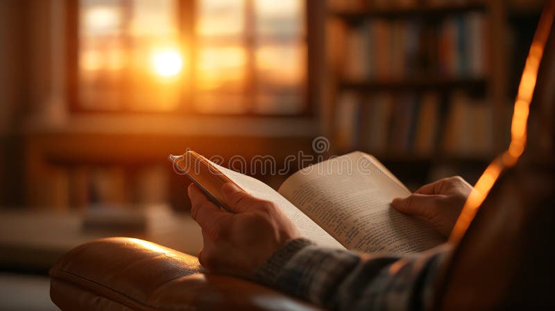 An Adult Reading a Book in a Cozy Library Setting Stock Illustration ...