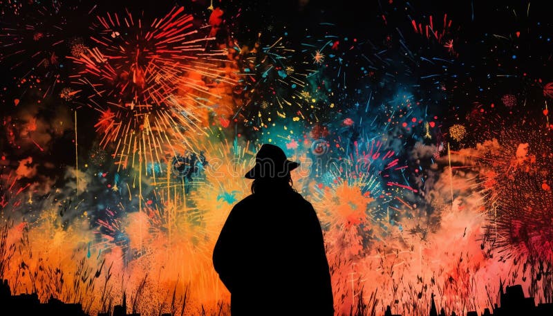 Adult Standing in Vibrant Silhouette Amid Exploding Fireworks Generated ...