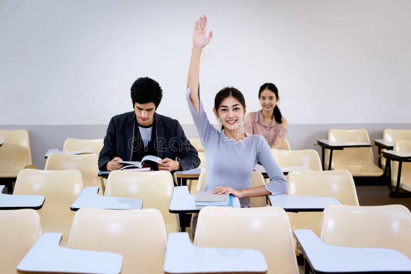 Adult Students with Hands Up at Class Stock Image - Image of senior ...