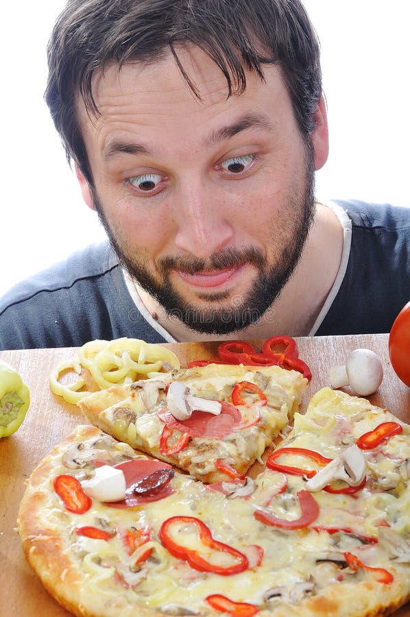Adult with Surprised Face on Pizza Table Stock Image - Image of ...
