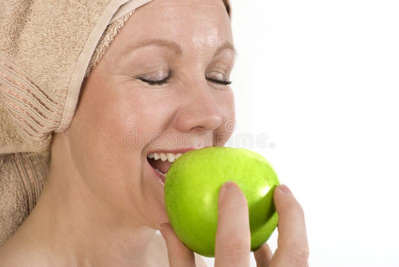 Adult Woman is Biting an Apple. Stock Photo - Image of portrait, woman ...