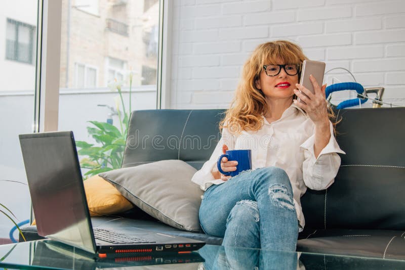 Woman with Computer at Home Stock Photo - Image of home, happiness ...