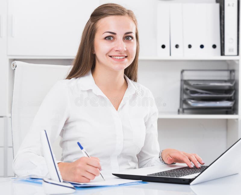 Adult Woman is Working with Documents and Laptop Stock Image - Image of ...