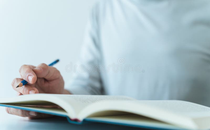 Adult Writing and Reading Book. Student Studying or Learning with ...