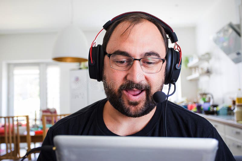 Adult Young Man in Headset Speaking by Webcam Stock Image - Image of ...