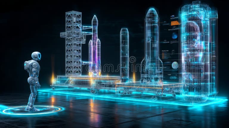 Advanced Aerospace Assistant Bot Stands beside Futuristic Holograms in ...