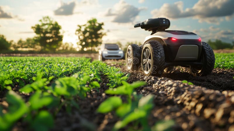 Advanced Agricultural Robots at Work in a Crop Field during Sunset ...