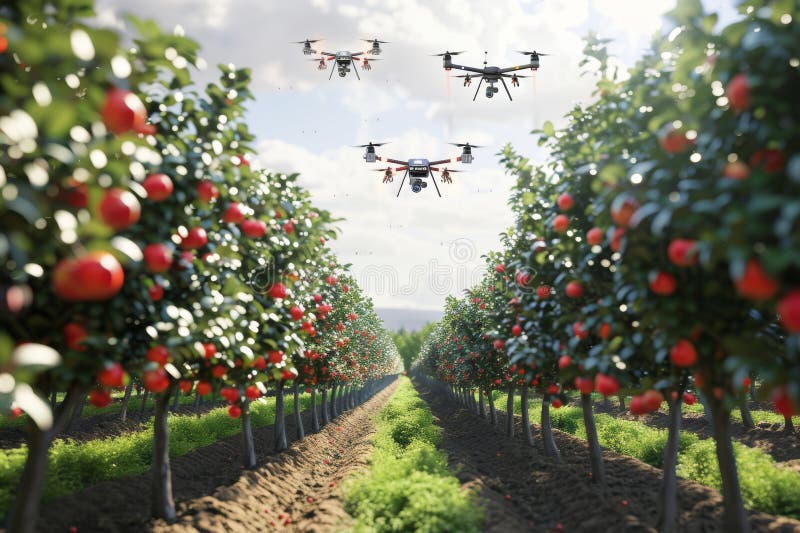 Advanced Agriculture Technology with Drones Flying Over Apple Orchard ...
