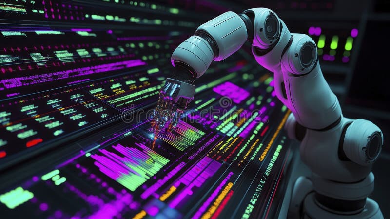 Advanced AI Arm Analyzing Complex Digital Displays Stock Illustration ...