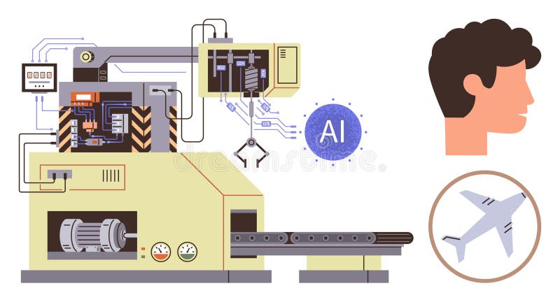 Advanced AI-Driven Industrial Machine with Human Profile and Aviation ...